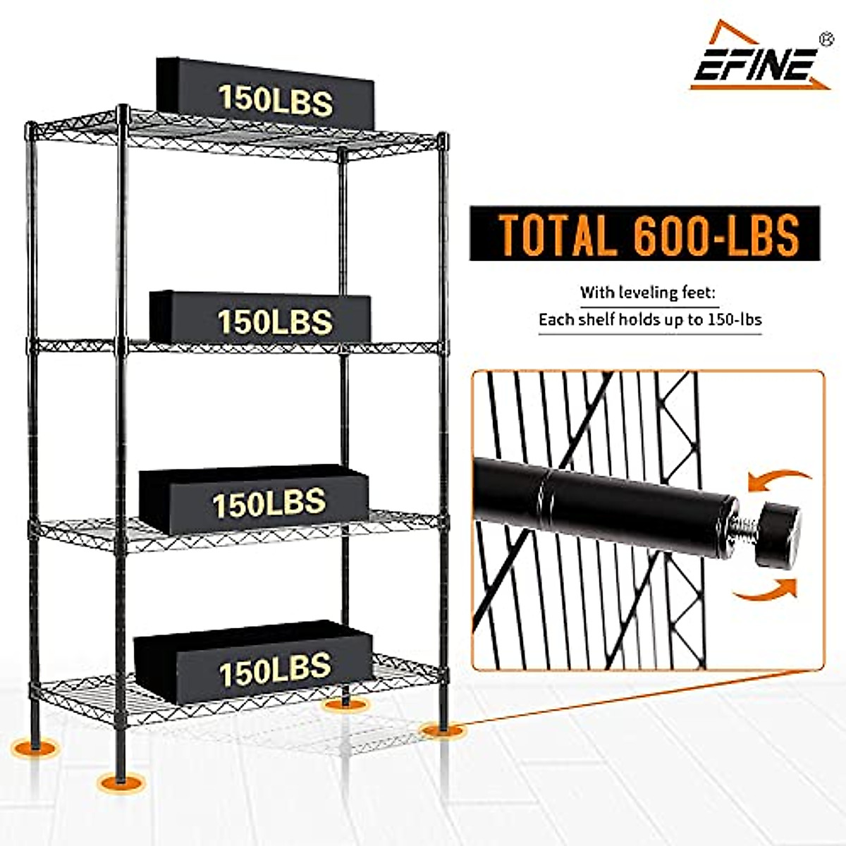 EFINE 2-Pack 4-Shelf Shelving Unit, Adjustable, Heavy Duty Carbon Steel Wire Shelves, 150lbs Loading Capacity Per Shelf, Shelving Units and Storage for Kitchen and Garage (30Wx14Dx47H)Black,S200-4X2