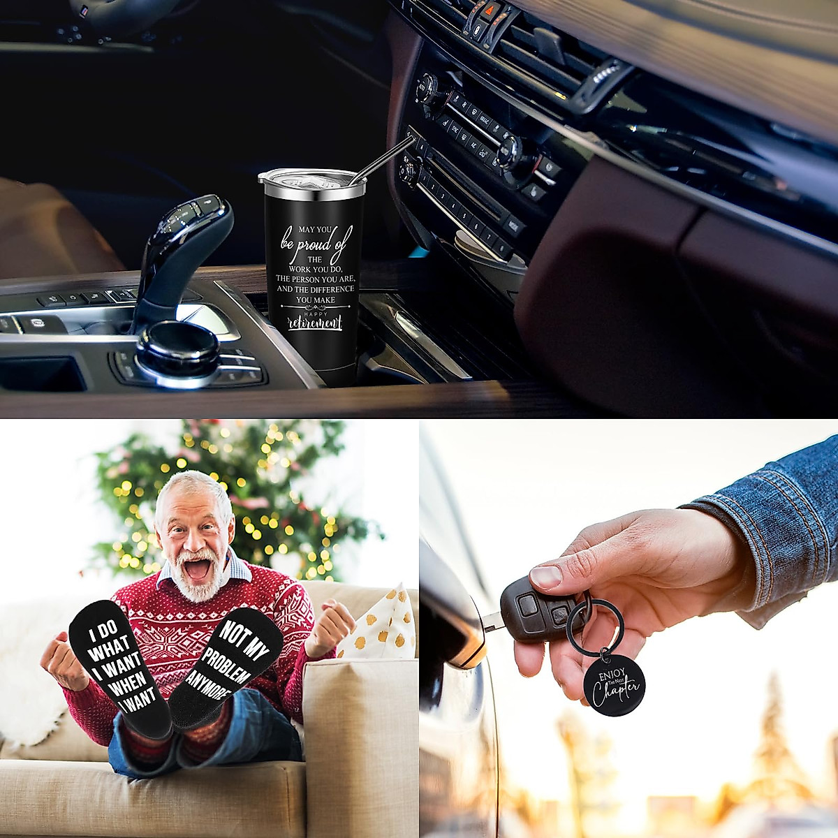 Set of 4 Retirement Gifts for Men 20 oz Stainless Steel Travel Coffee Mug with Lid Straw and Brush Funny Retirement Socks Enjoy the Next Chapter Keychain Retirement Gifts Box for Coworker Dad Officer