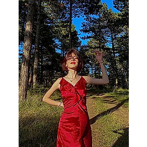 KOJOOIN Women's V-Neck Spaghetti Strap Satin Ruffle Sexy Party Dress Wedding Cocktail Bodycon Midi Dress Wine Red M