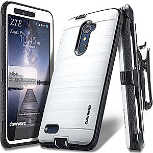 COVRWARE [Iron Tank] case Compatible with ZTE ZMAX PRO/ZTE Carry, with Built-in [Screen Protector] Full-Body Rugged Holster Armor Case [Brushed Metal Texture Design][Belt Clip][Kickstand], White