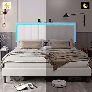 Hasuit Queen Bed Frame with Headboard and LED Light, Vegan Leather Platform Bed Queen Size with Charging Station, Upholstered Headboard Height Adjustable, Noise Free, Easy Assembly, White