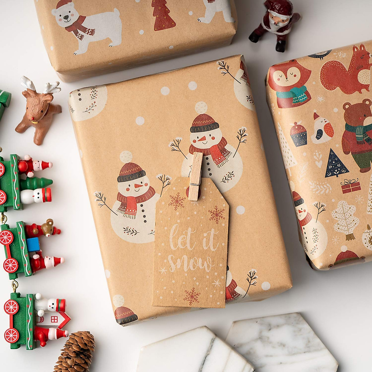 RUSPEPA Christmas Kraft Wrapping Paper Santa Claus Xmas Theme Elements Great for Christmas, Birthdays, Holiday, Baby Shower - 6 Sheets Packed as 1 roll - 17.5 x 30 inches per Sheet