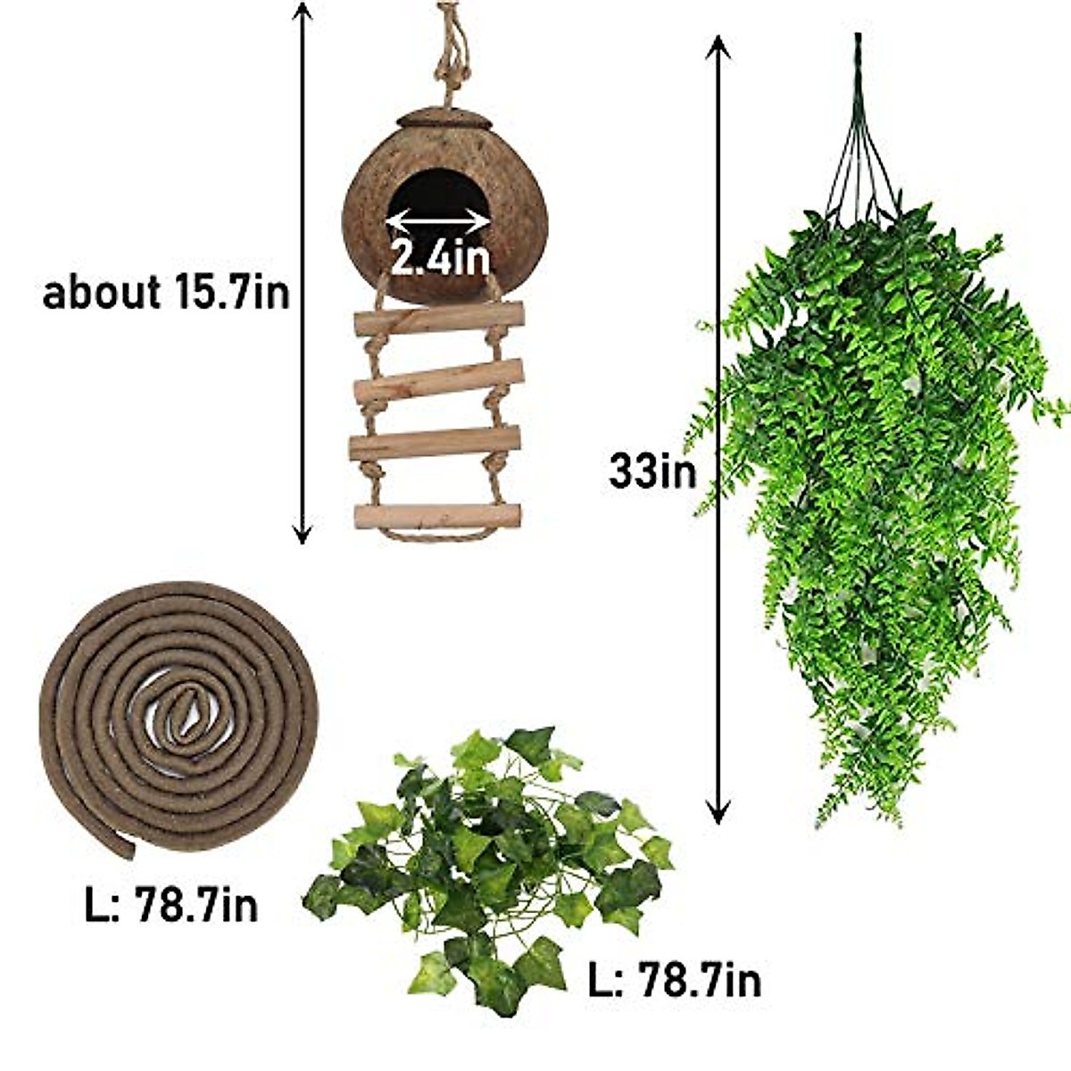 kathson Lizard Coco Den with Ladder, Bearded Dragon Tank Accessories Gecko Coconut Husk Hut with Jungle Climber Vines with Suction Cups Habitat Décor
