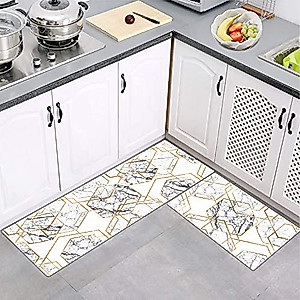 Anti Fatigue Kitchen Rugs and Mats Set,2 Piece Modern Farmhouse Kitchen Rug Runner Non Slip Waterproof Comfort Soft Cushioned Standing Kitchen Floor Mats (17"x 47"+17"x 27", Gold White Marble)
