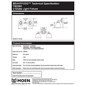 Moen YB2262CH Brantford 2-Light Dual-Mount Bath Bathroom Vanity Fixture with Frosted Glass, Chrome