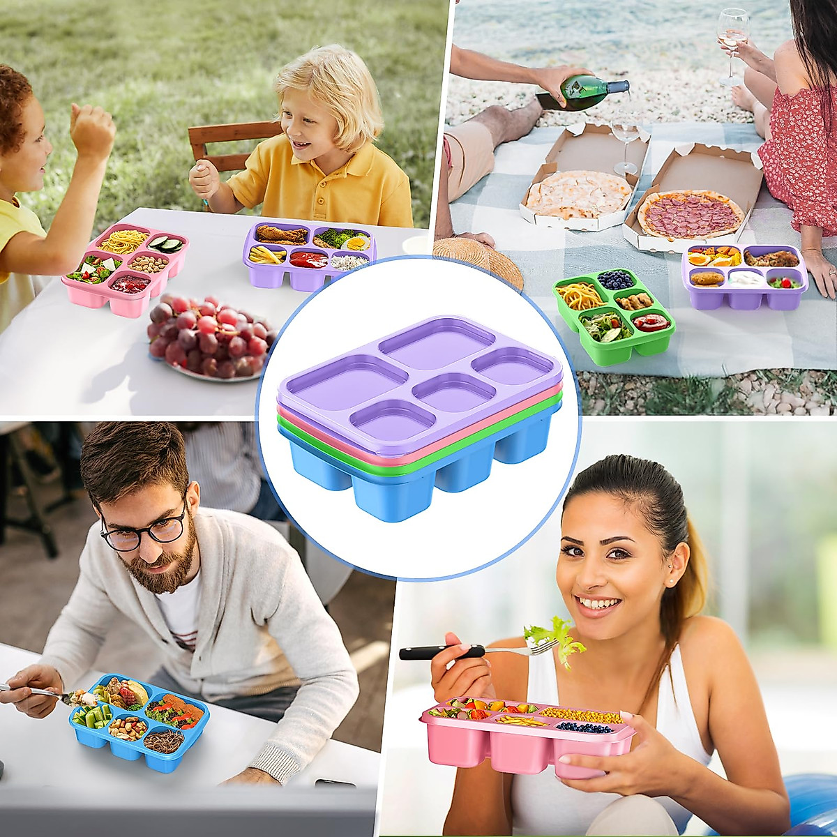 KHOXU Bento Lunch Box, 5 Compartment Meal Prep Container, Reusable, Durable, Stain-Resistant, Microwave & Dishwasher Safe, Blue/Purple/Green