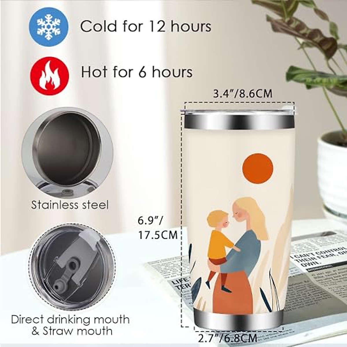 FOCIUZTA 20oz Whimsical Illustration Design Tumbler with lid, Travel Coffee Cup, Ideal for Easter, Mother Day, and birthday gifts