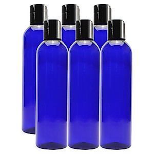 Cornucopia Brands 8oz Plastic Squeeze Bottles w/Disc Top Flip Cap (6-Pack, Blue); BPA-Free Containers For Shampoo, Lotions, Liquid Body Soap, Creams