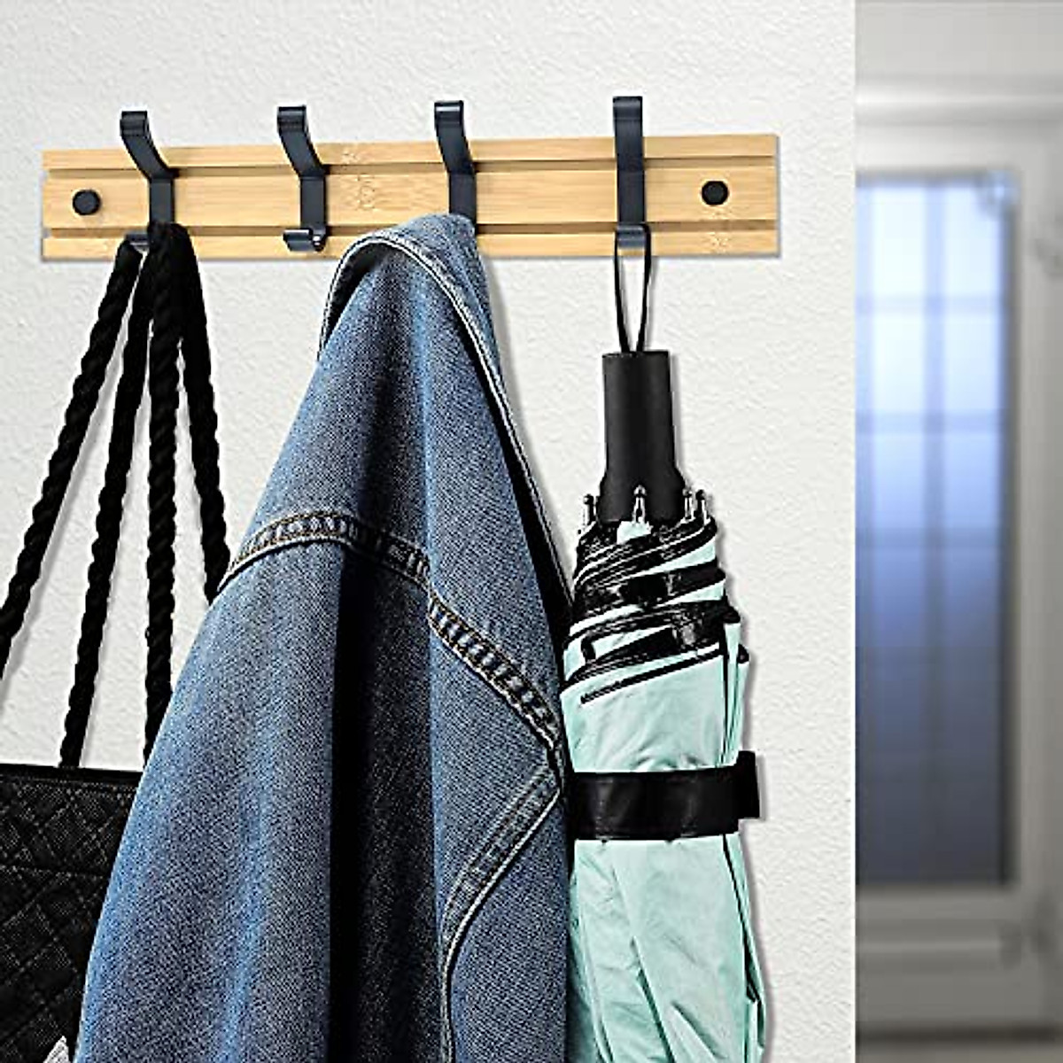 Coat Rack Wall Mounted ,Wooden Board Coat Rack with 4 Movable Coat Hooks, Heavy Duty Coat Metal Hooks Rail for Coat Hat Towel Purse Robes Bathroom Entryway (Natural)