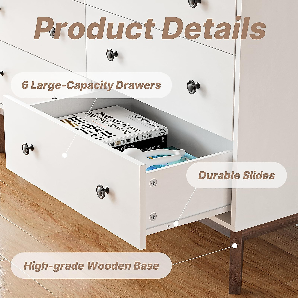 LYNSOM White Dresser for Bedroom, Modern 6 Drawer Double Dresser with Deep Drawers and Gold Knobs, Wood Storage Chest of Drawers for Living Room, Office