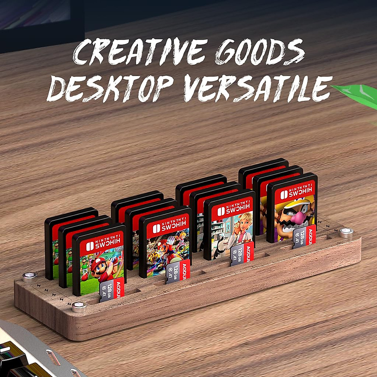 FEIFANZHE 16 Slots Wooden Storage Case Stand for Nintendo Switch Game Cards, TF Card Holder - Walnut Box F01M-S