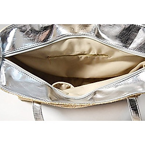 HOXIS Holiday Beach Straw Faux Leather Handle Tote Womens Shoulder Handbag (Silver)