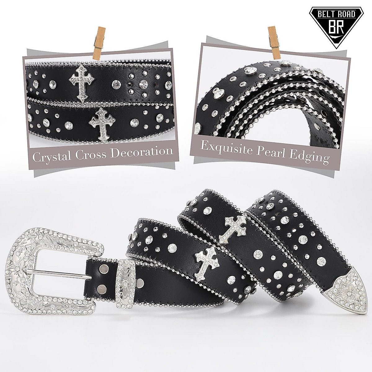 BELTROAD Rhinestone Belt for Men Women, Western Cowboy Cowgirl Belts Bling Leather Belt With Cross and Diamond for Jeans