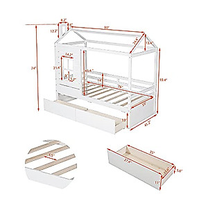 Merax House Bed with Two Drawers, Window and Roof, Twin Size Wood Storage Bunk Bed Daybed Can be Decorated for Girls, Boys (White)