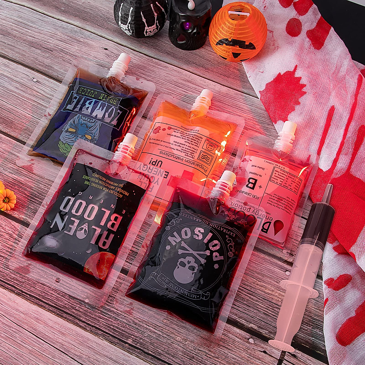 Halloween Blood Bags Party Supplies - 20 Halloween Drink Pouches + 2 Funnels Halloween Party Favors, Reusable Halloween Blood Bags Drink Bag for Vampire Zombie Costumes Props Party Decorations(5
