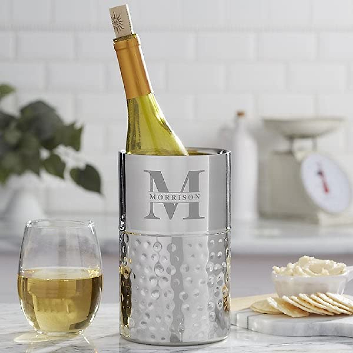 Personalization Universe Lavish Last Name Personalized Wine Chiller - Custom Engraved, Double-Walled Insulated, Stainless Steel Wine Cooler with Hand-Hammered Detail, Ideal for Wine Lovers