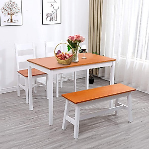 Alohappy Dining Table Set for 4, Solid Wood Kitchen Table with 2 Chairs and Bench, 4-Person Space-Saving Dinette Table for Kitchen, Dining Room, Sturdy Structure Easy Assembly Orange + White