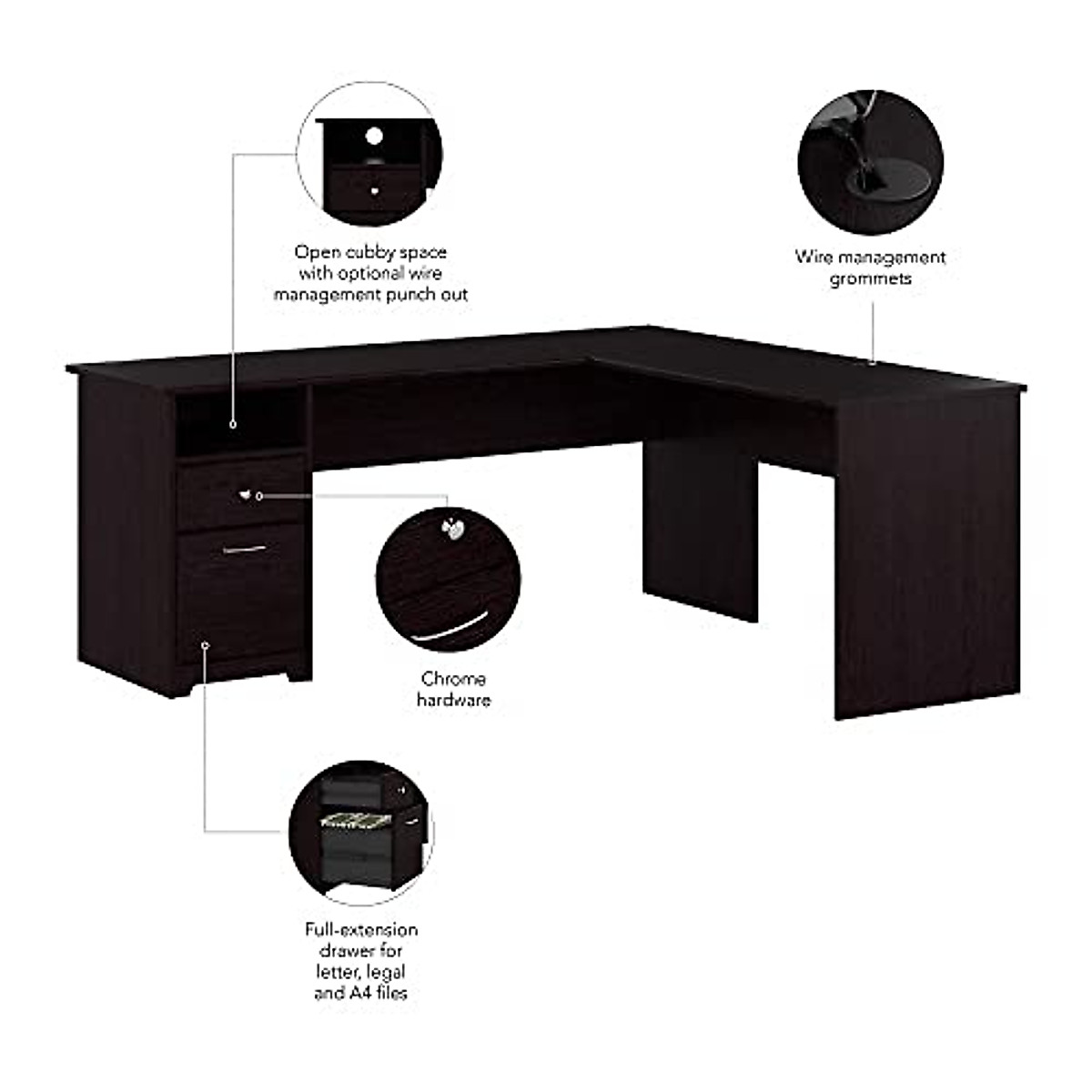 Bush Furniture Cabot 72W L Shaped Computer Desk with Drawers in Espresso Oak