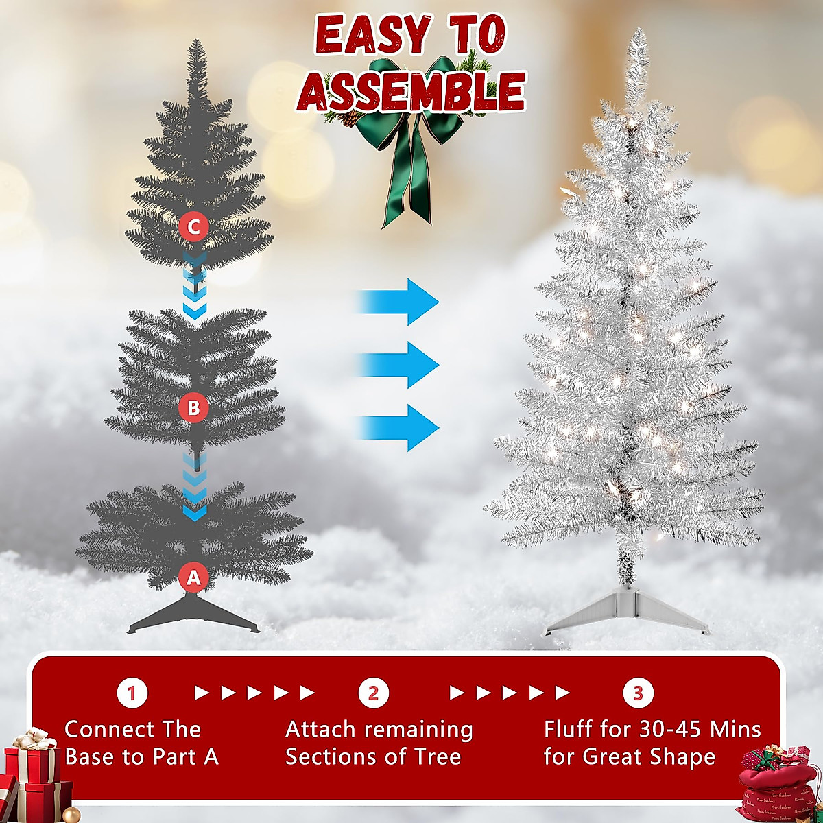 Liguanow 4ft Artificial Christmas Tree with Lights, Indoor & Outdoor Christmas Tree with 50 Warm White Lights, Xmas Pine Tree for Home Office Party Decor, Silver Tinsel