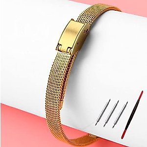 Watch Bands Women Mesh Stainless Steel Watch Straps 6MM 8MM 10MM 12MM Fashion Men Adjustable Metal Watch Bands Replacement Folding Band Smart Watch Wristbands Bracelet with Tool Gold 12mm