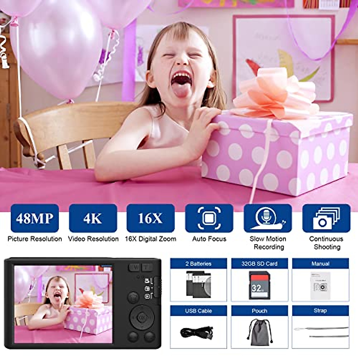 4K Digital Camera 48MP Kids Compact Camera Autofocus 16X Digital Zoom Children Portable Camera for Boys, Girls,Beginners (with 32GB SD Card and 2 Batteries)