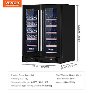 VEVOR 24" Cooler for Wines & Drinks, Holds 78 Cans & 20 Bottles, Dual Zone, Tempered Glass, Digital Temperature Settings, Blue Lighting, Safety Lock, Install Anywhere, ETL Certified