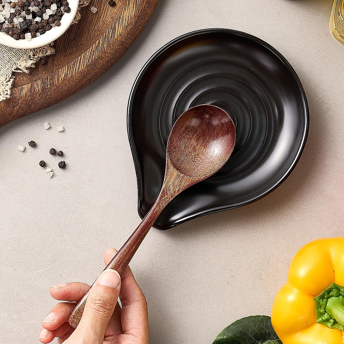 Gencywe Spoon Rest for Stove Top, 6.1" Large Ceramic Spoon Holder for Kitchen Counter Decor, Heat-Resistant Cooking Utensil Rest, Coffee Spoon Holder, Black Kitchen Spoon Rest for Spoon Ladle Spatula