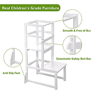 FINIKIS Toddler Step Stool Toddler Kitchen Stool, Adjustable-Height Toddler Tower Stool Kitchen Wooden Helper Step Stools for Kids, White