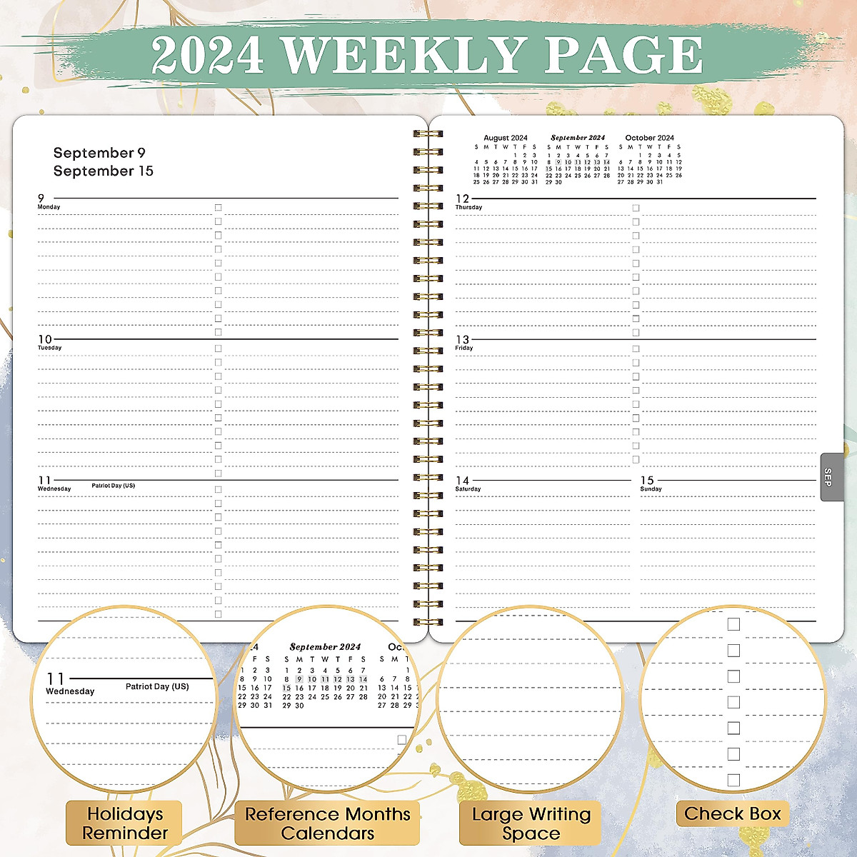 2024 Planner - Planner/Calendar 2024, Jan. 2024 - Dec. 2024, 2024 Planner Weekly and Monthly with Printed Tabs, 8" x 10", Flexible Cover with Thick Paper + Twin-Wire Binding - Waterink