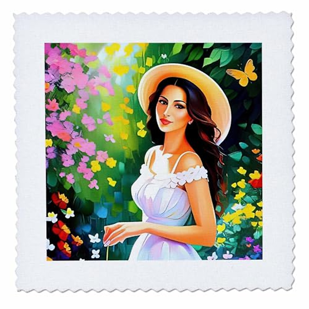 3dRose Lovely Girl in Straw hat in The Flower Garden on a Sunny Day... - Quilt Squares (qs-379067-2)