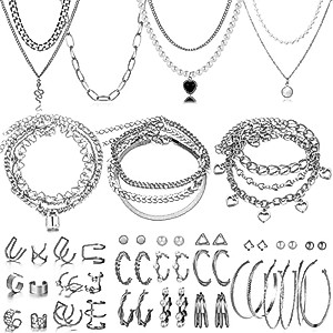 CONGYING 46 Pcs Gold Jewelry Set with 11Pcs Necklace, 11 Pcs anklet and 18 Pcs Earring Ear Cuff,6Hoop Earrings for Women Girls, Fashion Indie Costume Jewerly Pack for Anniversary Christmas Party Gift