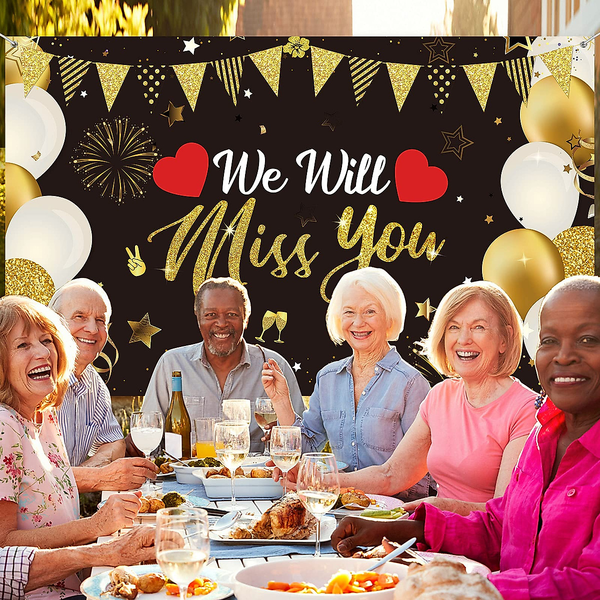 Irenare We Will Miss You Party Decoration, Extra Large Black Gold Going Away Party Backdrop Miss You Photography Background Banner for Farewell Anniversary Retirement Graduation Party,70.8 x 43.3 Inch