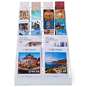 Displays2go Wire Magazine Rack with 6 Open Tiers, Holds Both Magazines and Brochures, Includes Sign Channel at the Front - White Wire