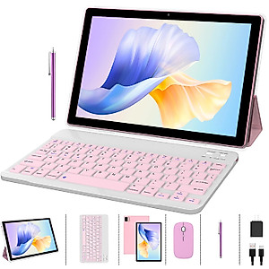 2 in 1 Tablet with Keyboard Case Mouse Stylus Pen Film, 10 inch Tablet Android 11.0 Tablets PC Set, 4GB RAM+64GB ROM Tableta Computer 10.1" IPS Screen 8MP Dual Camera WiFi BT Google Play Tab Pink/Girl