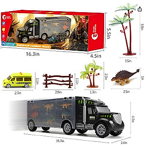 34 in 1 Dinosaurs Truck, Dino Transport Car Carrier Truck Toy with 12 Mini Dinosaur Figures and 4 Cars, Dino Park Toy Chritsmas Gift for 3+ Year Old Boys and Toddlers