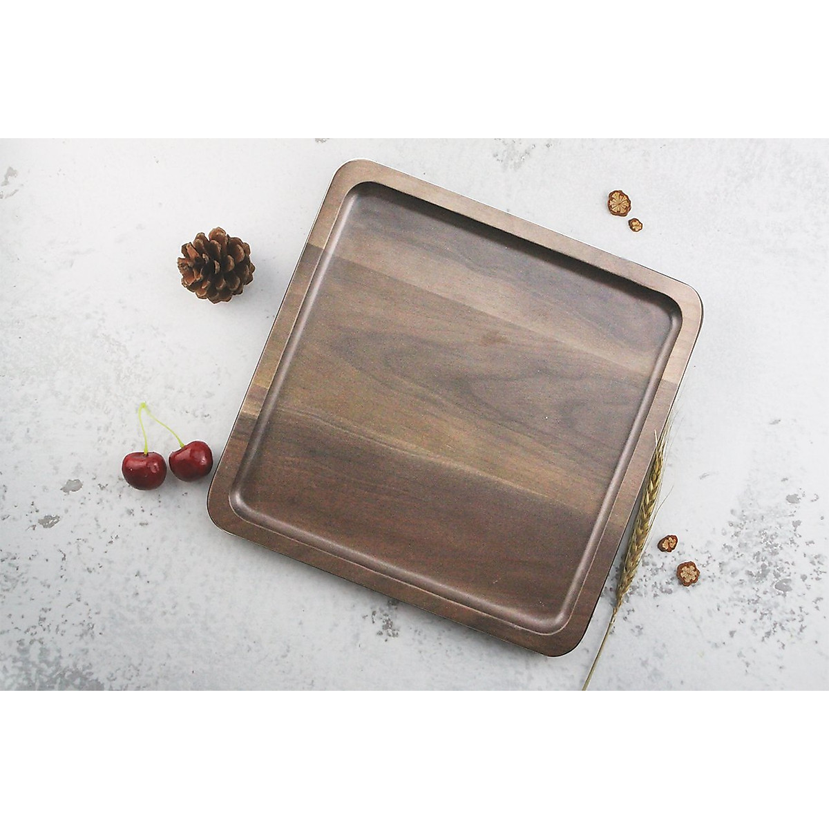 Rustic Walnut Wooden Tray Solid Wood Serving Tray Square Rectangle Platter Tea Tray Coffee Table Tray (Large Square with Grooves（11x11x1inch）)