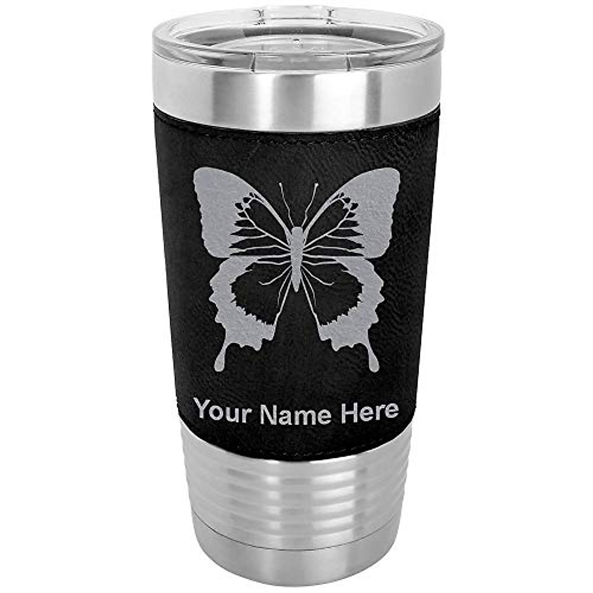 LaserGram 20oz Vacuum Insulated Tumbler Mug, Swallowtail Butterfly, Personalized Engraving Included (Faux Leather, Black)