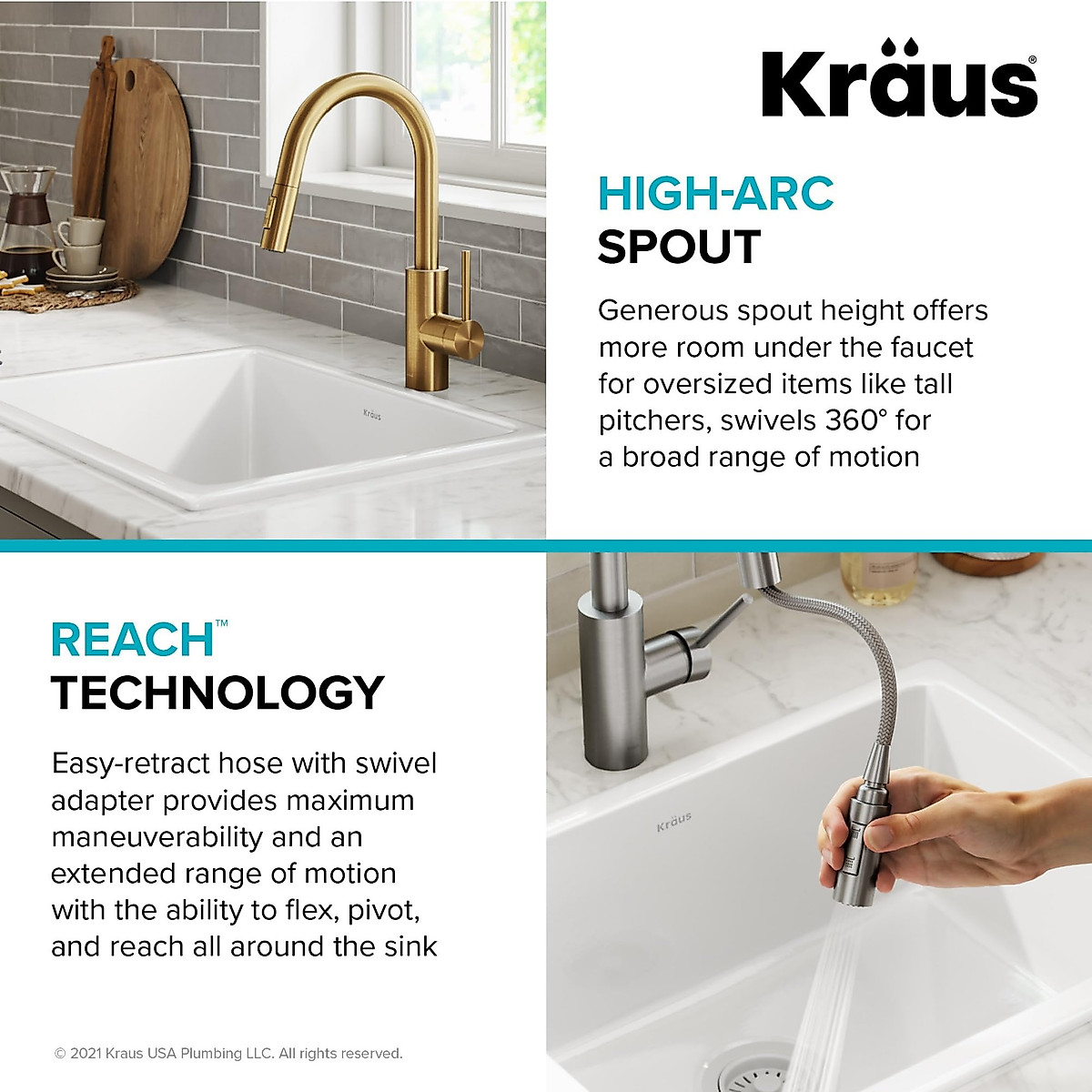 KRAUS Oletto Pull-Down Single Handle Kitchen Faucet with QuickDock Top Mount Installation Assembly in Brushed Brass, KPF-2620BB (Pack of 4)