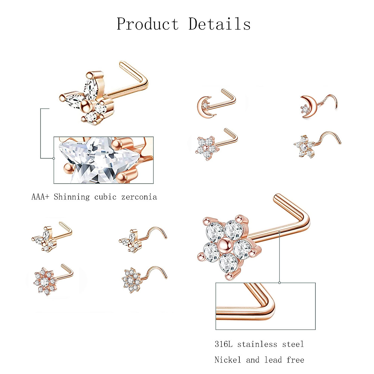 Yachy 8Pcs 20G 316L Stainless Steel Cute L S Shaped Nose Studs CZ Round Butterfly Flower Nose Rings Daisy Snowflake Star Moon Screw Nose Rings Small Body Piercing Jewelry for Women Men, Stainless