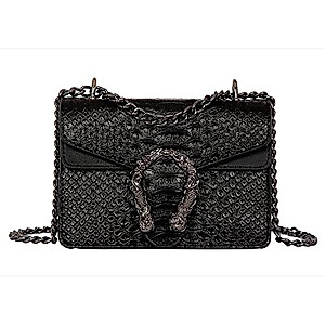 GLOD JORLEE Trendy Chain Crossbody Bags for Women - Luxury Snake-Printed Leather Shoulder Satchel Bag Evening Clutch Purse Handbags (Black, Size:XS)