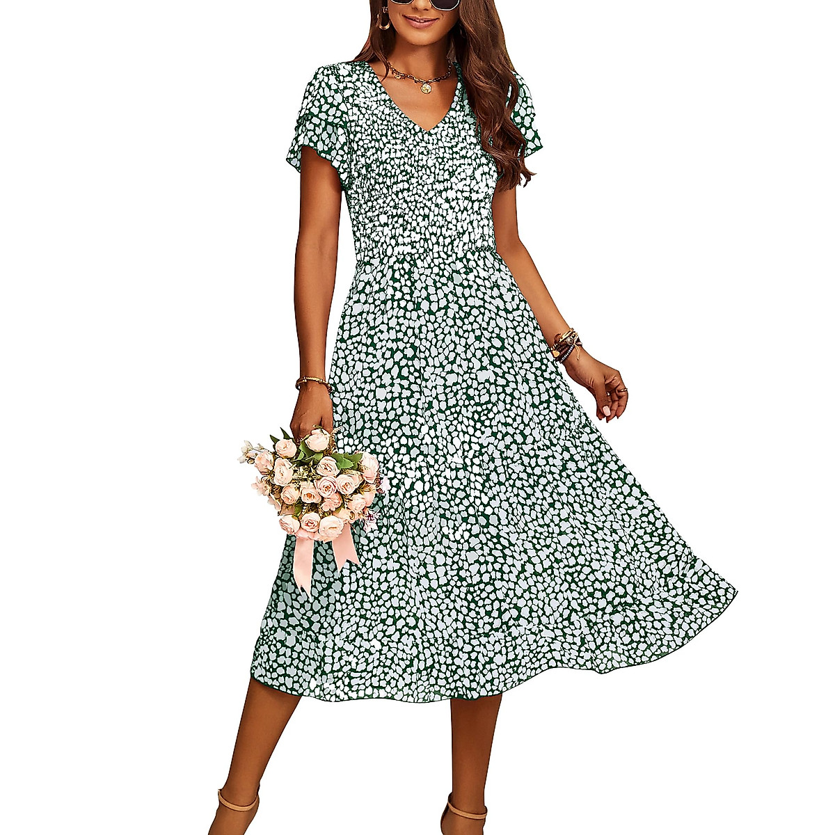 BTFBM Women Casual Summer Short Ruffles Tiered Sleeve Smocked Midi Dresses Bohemian Floral V Neck Wedding Guest Long Dresses