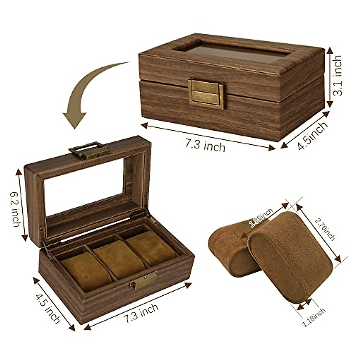 anyasun Watch Box for Men-PU Leather Watch Organizer,3 Slots Watches Display Case Storage Boxes with Glass Lid