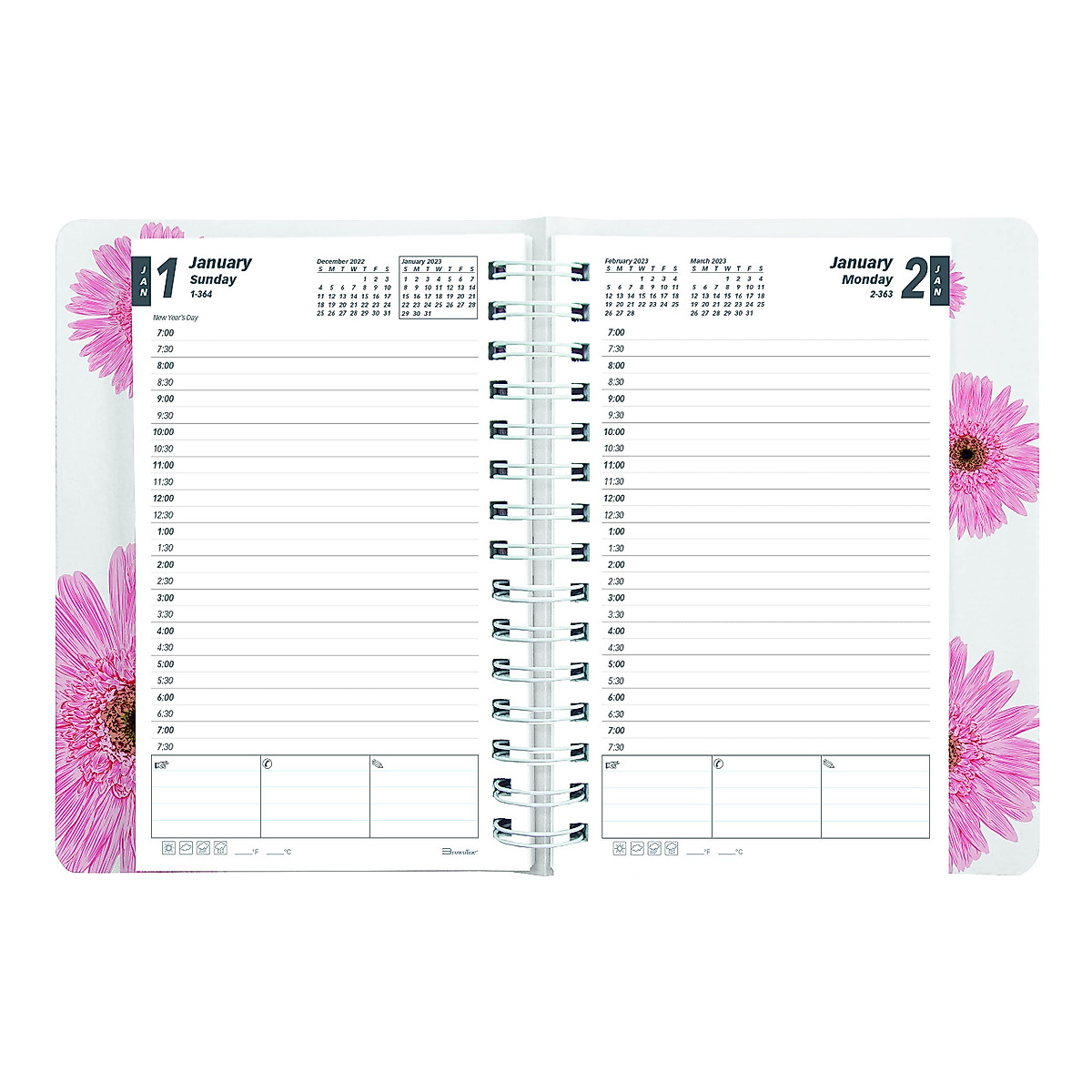 Brownline 2023 Pink Essential Daily/Monthly Planner, Appointment Book, 12 Months, January to December, Twin-Wire Binding, 8" x 5", Pink Daisy (CB634G.05-23)