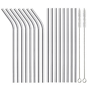 ANNVCHI 16 Pack of Reusable Stainless Steel Metal Straws, 8 Straight + 8 Bent 8.5 inch Metal Straws with 2 Cleaning Brushes, Straw Compatible with 20oz Stanley Cup