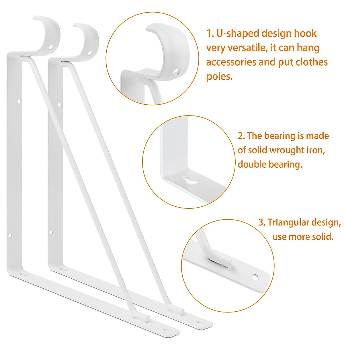 4 Pack Heavy Duty Closet Rod Bracket 11”x11” Closet Shelf & Rod Brackets, Closet Shelf Bracket with Rod Holder, Right Angle 1-3/8” Dia White Closet Rod Support Bracket for Revive Your Sagging Rod