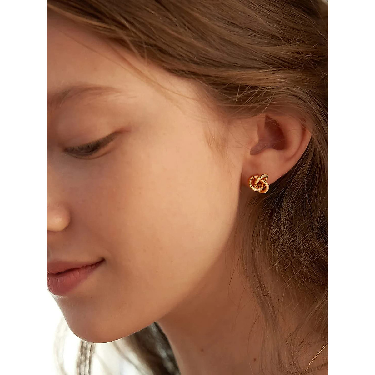 PERNNLA PEARL 18K Gold Love Knot Stud Earrings for Women Minimalist Cute Small Stud Earrings Dainty Twist Woven Post Earrings for Women Jewelry