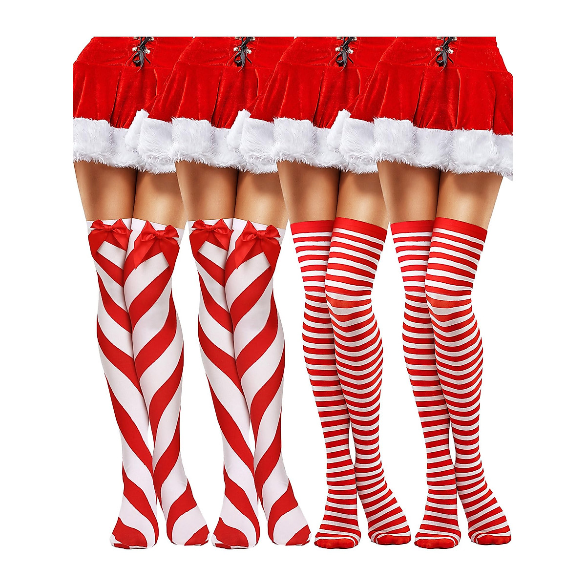 Eurzom 4 Pairs Christmas Striped Socks Red and White Striped Socks Women Long Striped Candy Cane Knee High Socks Leg Stockings for Women