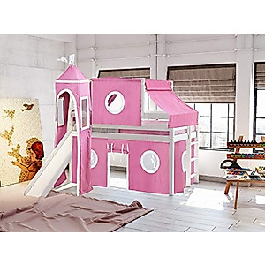JACKPOT! Princess Low Loft Bed with Slide, Pink and White Tent and Tower, Twin, White