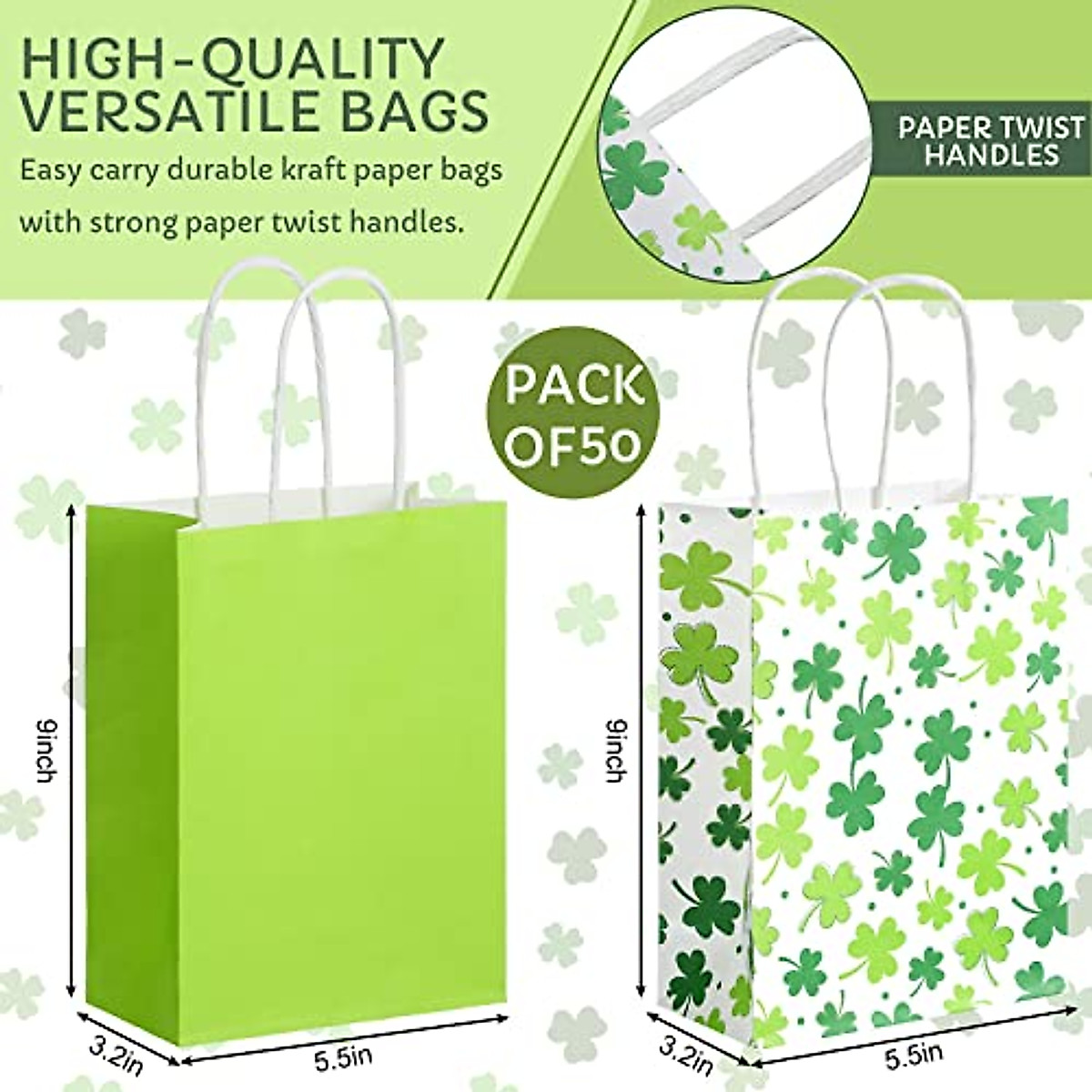 24 Pcs St. Patrick's Day Paper Gift Bags with Handles 5.9 x 8.3 x 3.1 Inch Green Treat Bags and Irish Lucky Shamrock Goodie Bags for St Patrick's Day Party Favor Wedding Birthday