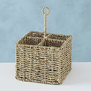 4 Compartment Basket Caddy, Bottle and Condiment Holder, Woven Wicker Over Metal Frame, Seagrass, 10.5 Inches
